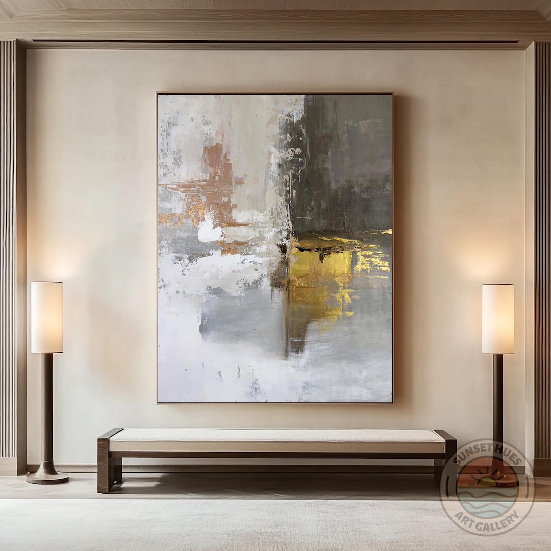 Gold and Gray Abstract Wall Art, Large Textured Canvas Painting ...