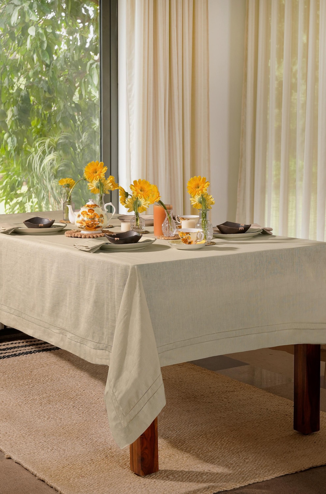 100% Linen Double Hemstitch Rectangular Tablecloth Natural 70x90 ...