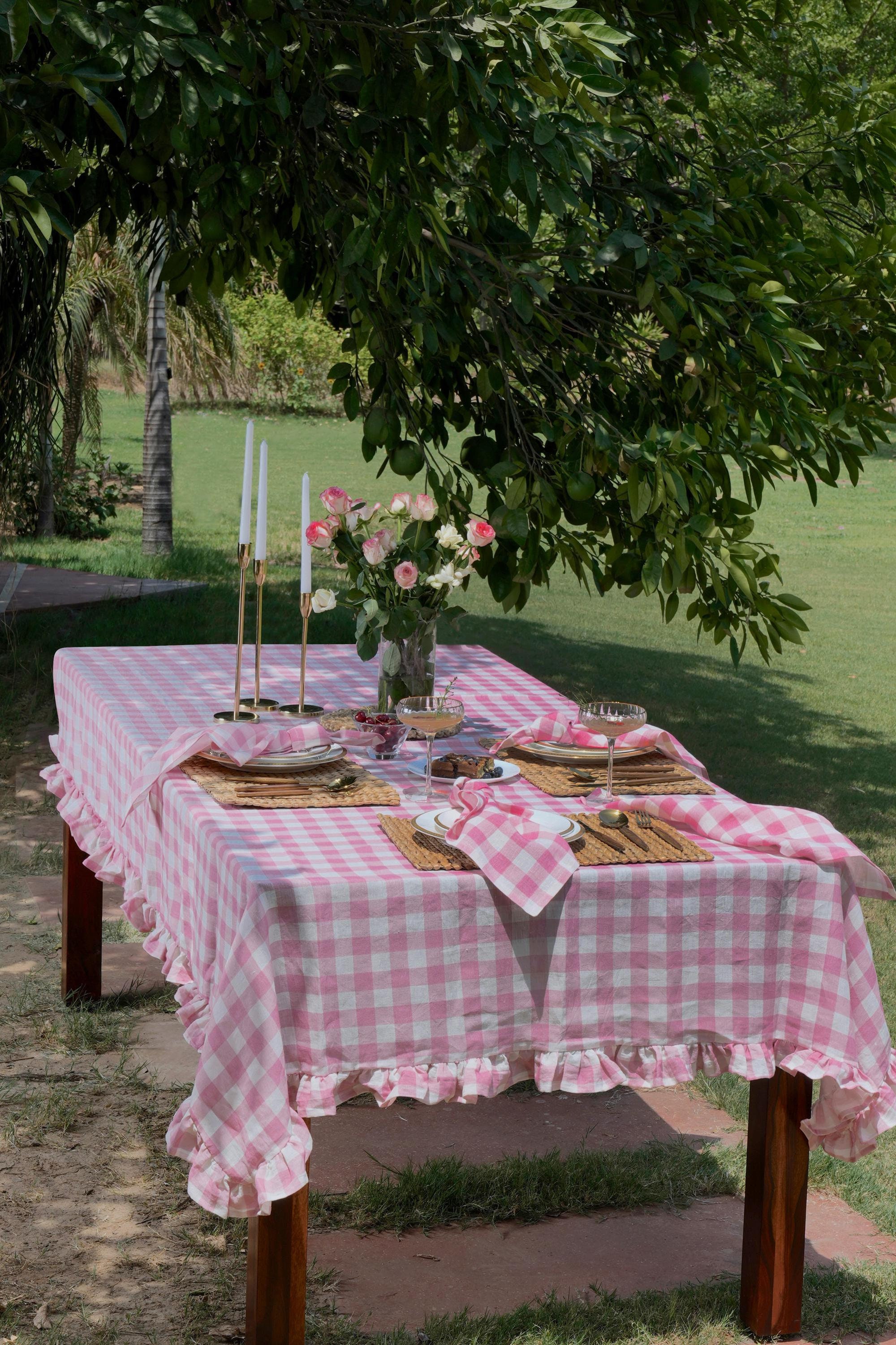 Pink Buffalo Check Frill Linen Tablecloth 57x90, 57x108, 57x120 100% ...
