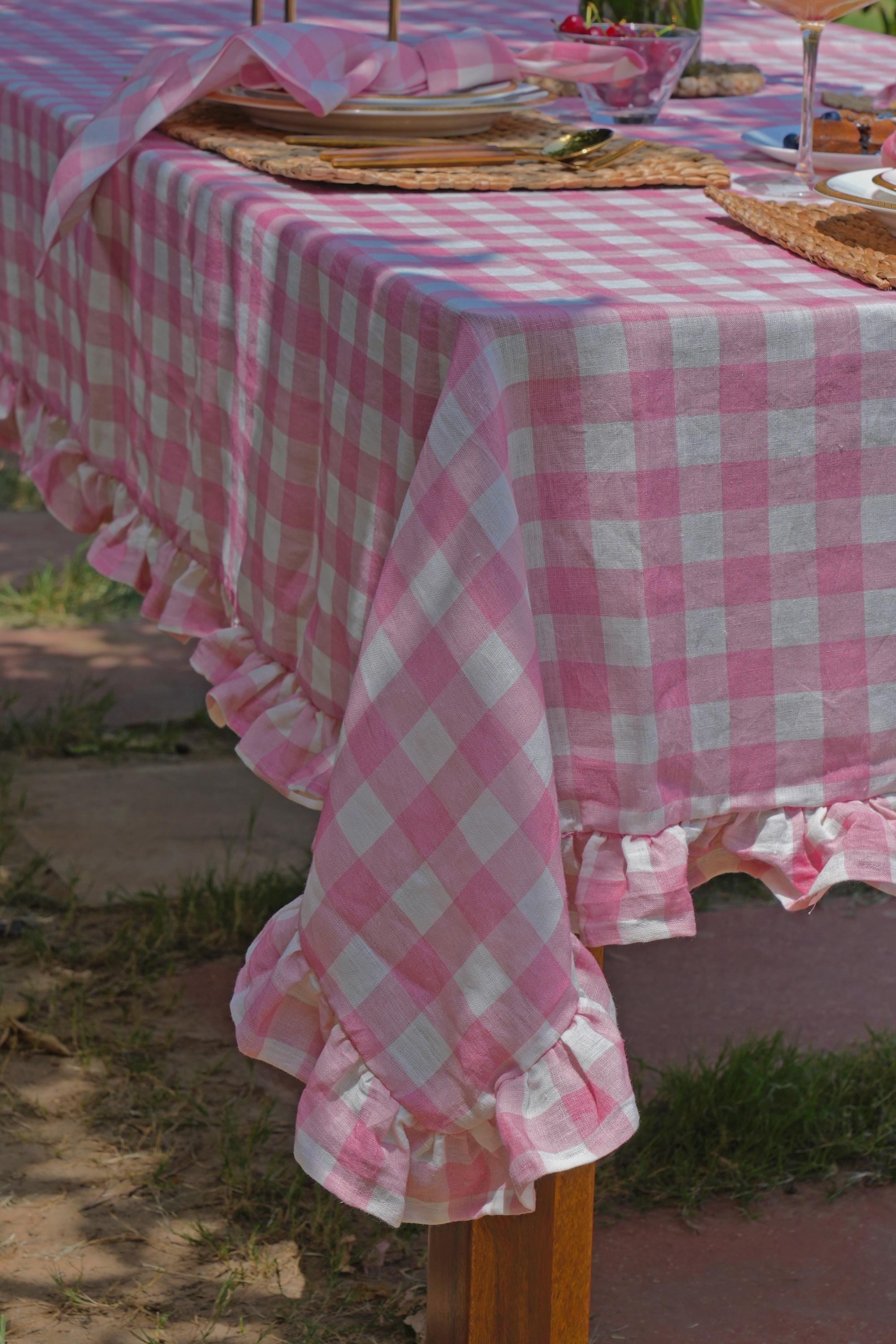 Pink Buffalo Check Frill Linen Tablecloth 57x90, 57x108, 57x120 100% ...