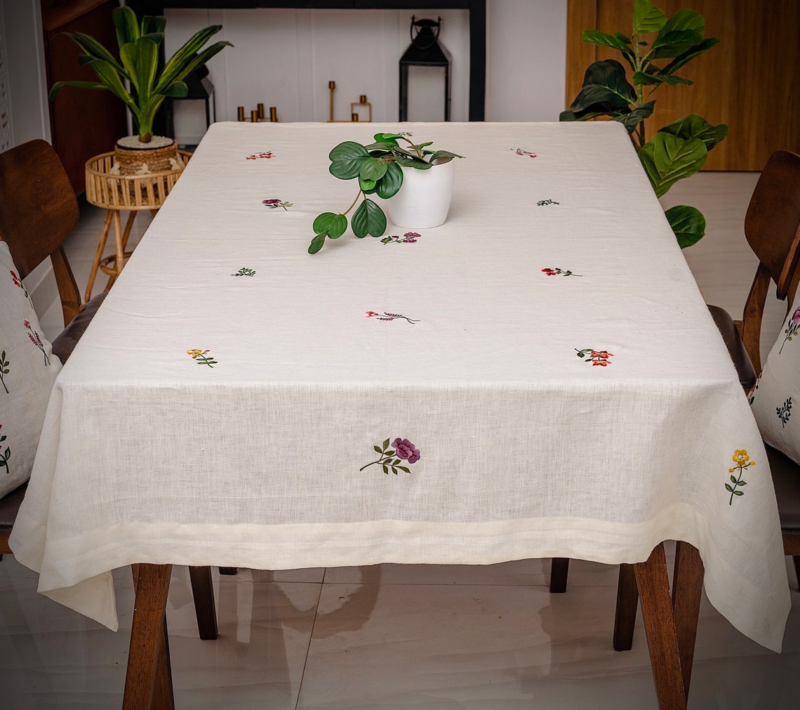 Embroidered Linen Tablecloth, Vintage Floral Table Linens - Etsy