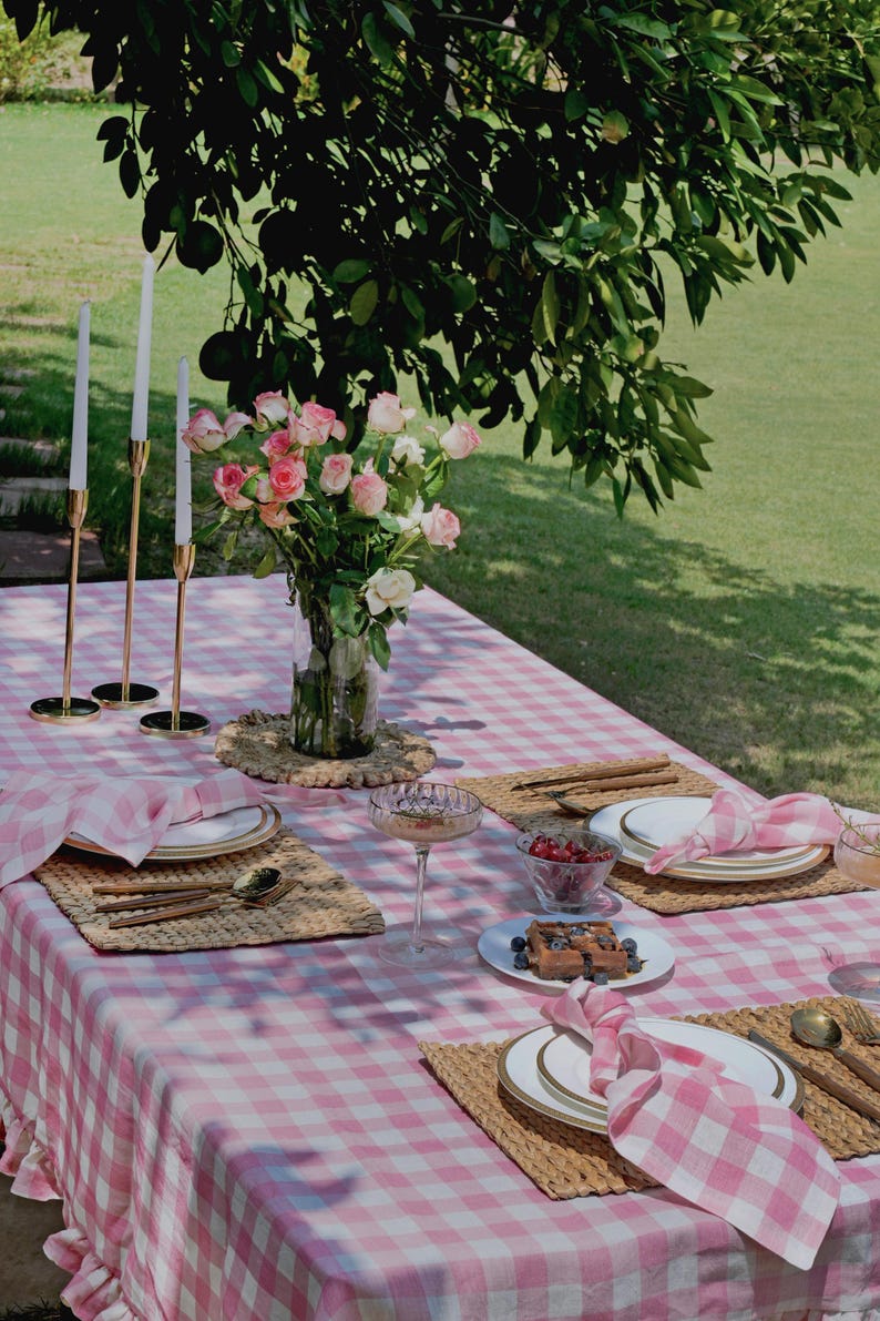 Pink Buffalo Check Frill Linen Tablecloth 57x90, 57x108, 57x120 100% ...
