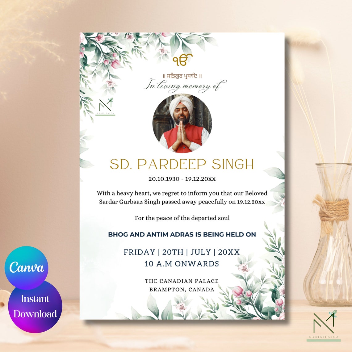Sikh Funeral Invitation Template Punjabi Funeral Announcement Card ...