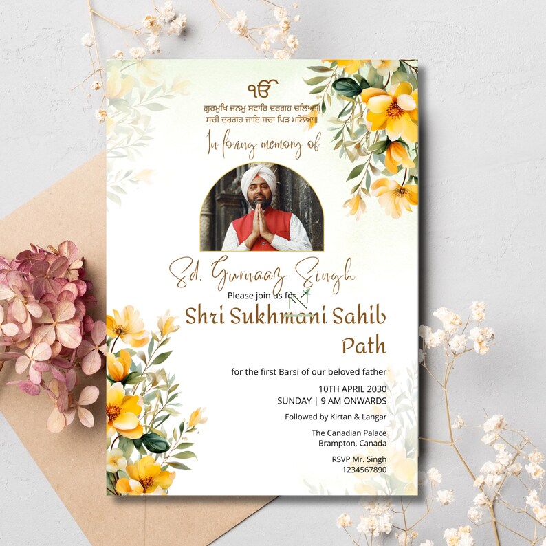 Sikh Funeral Invitation Template Yellow Floral Punjabi Funeral Invite ...