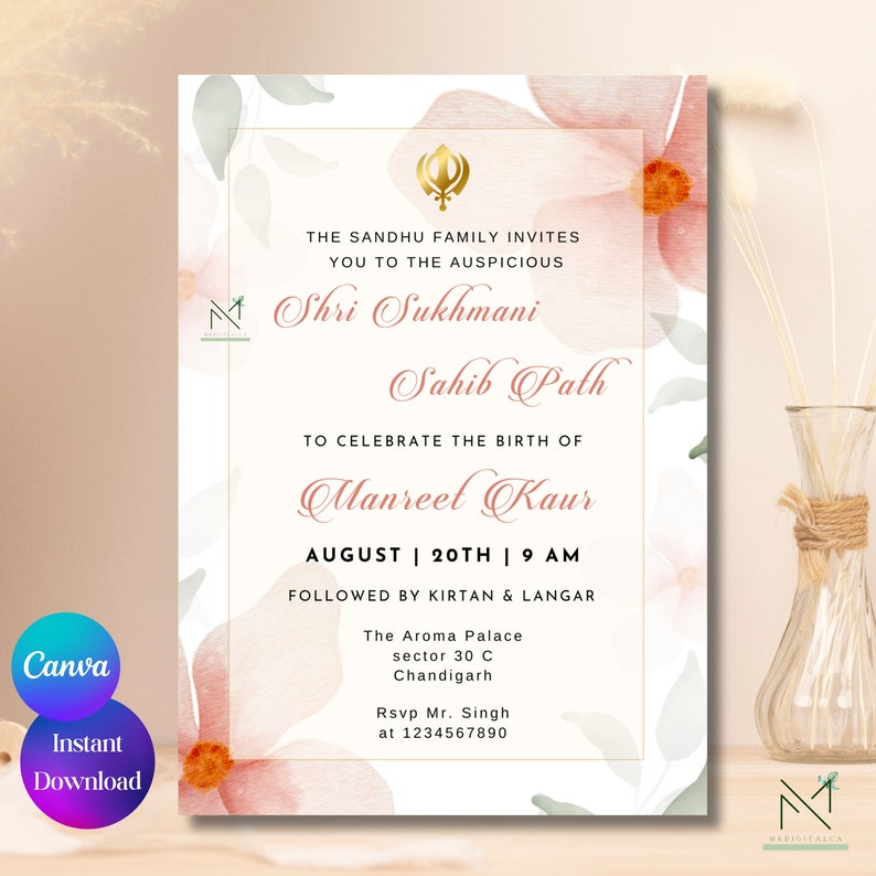 Blush Pink Floral Sukhmani Sahib Path Invitation Template Path Birthday ...
