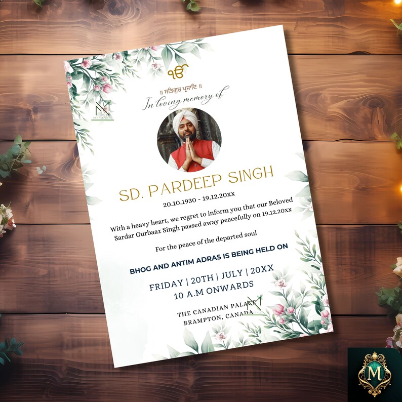 Sikh Funeral Invitation Template Punjabi Funeral Announcement Card ...