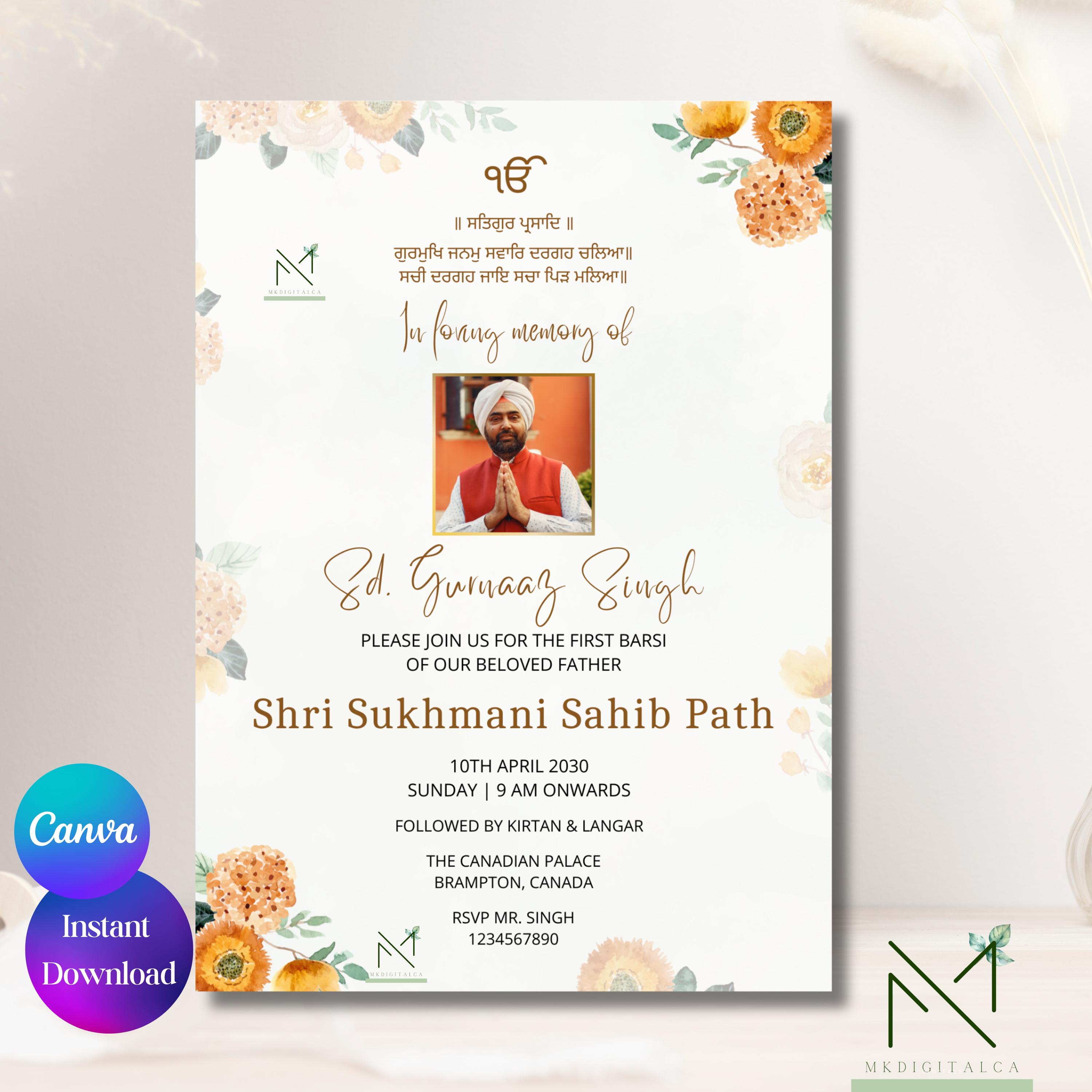 Orange Floral Sikh Funeral Announcement Template Punjabi Funeral ...