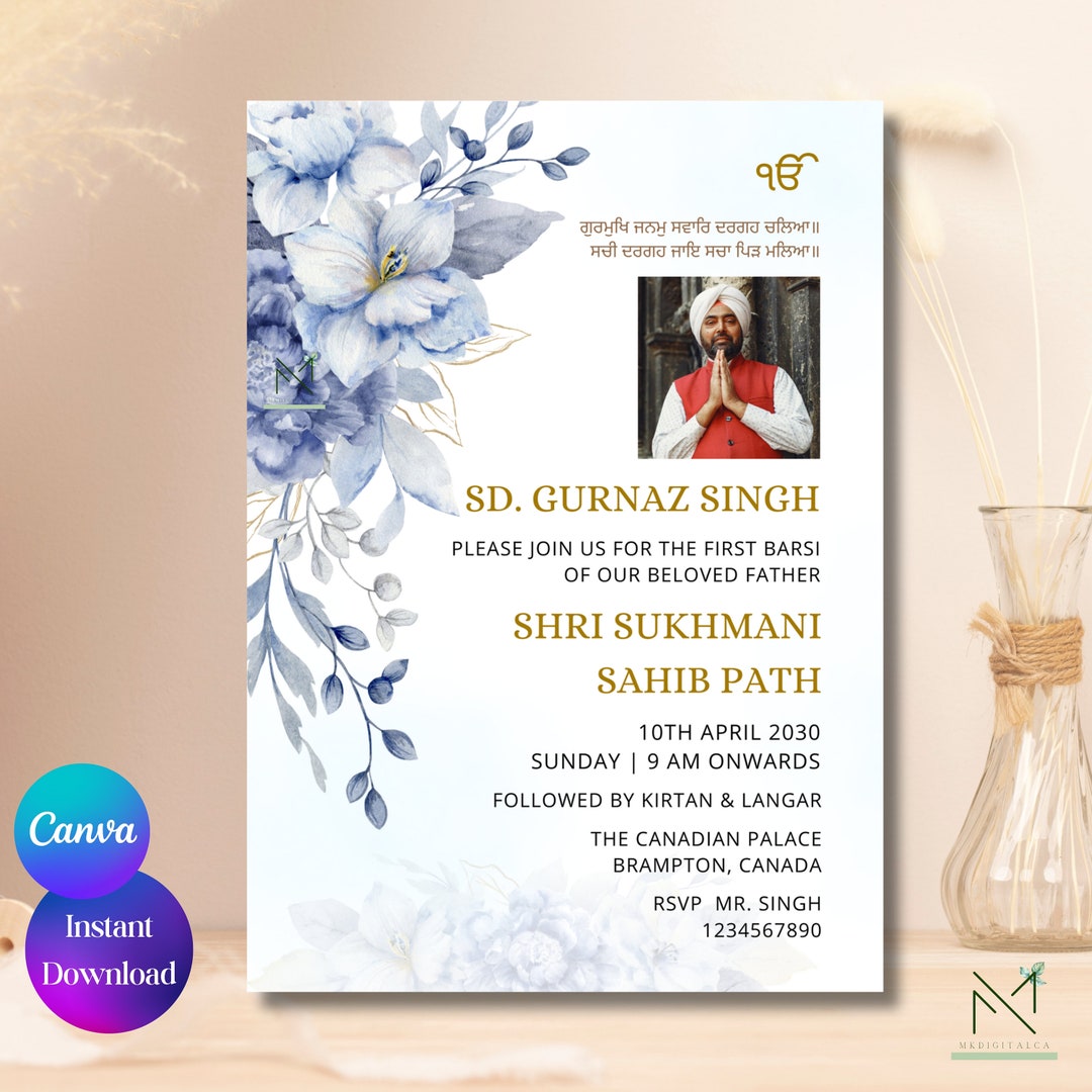 Blue Floral Sikh Funeral Announcement Template Sikh First Barsi ...