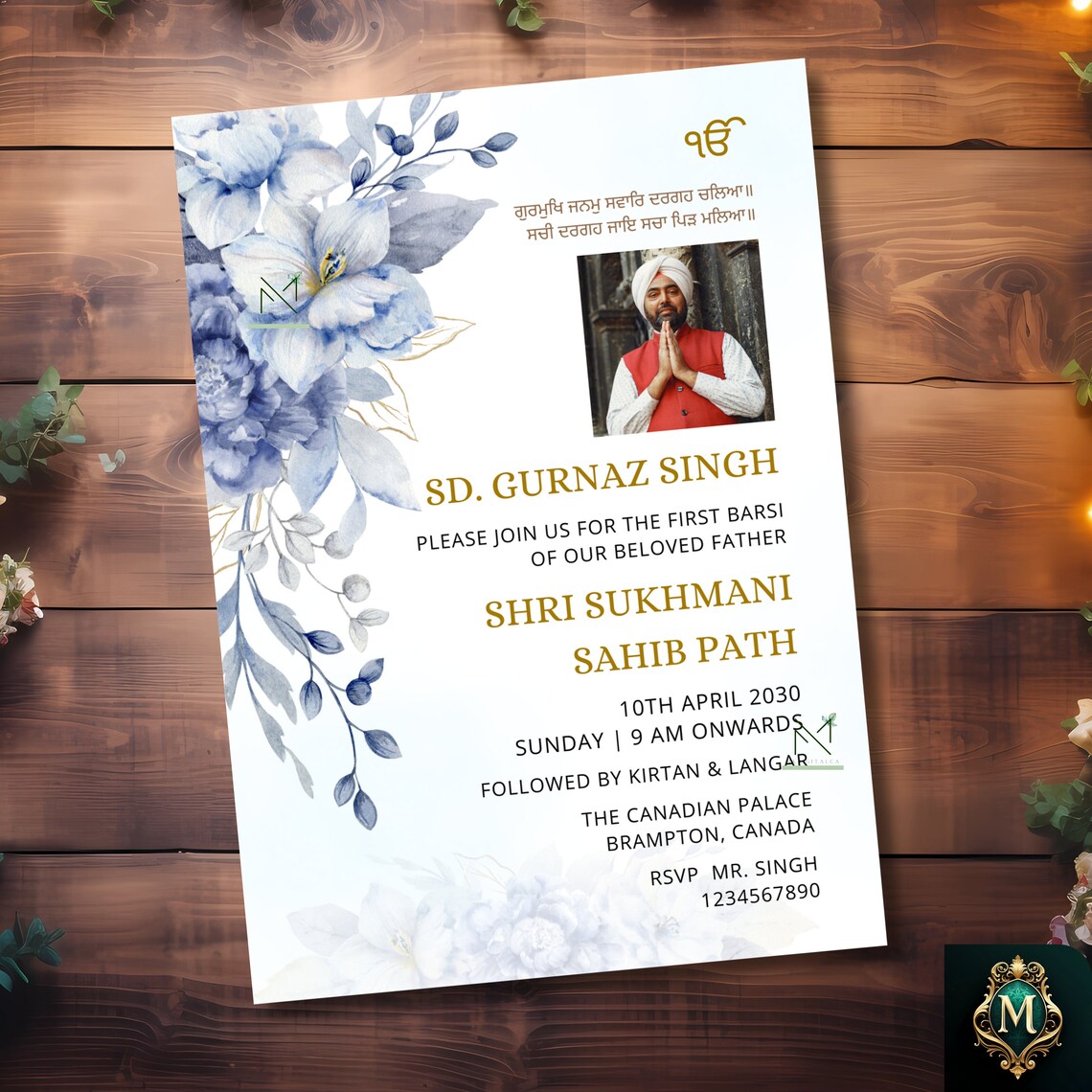 Blue Floral Sikh Funeral Announcement Template Sikh First Barsi ...