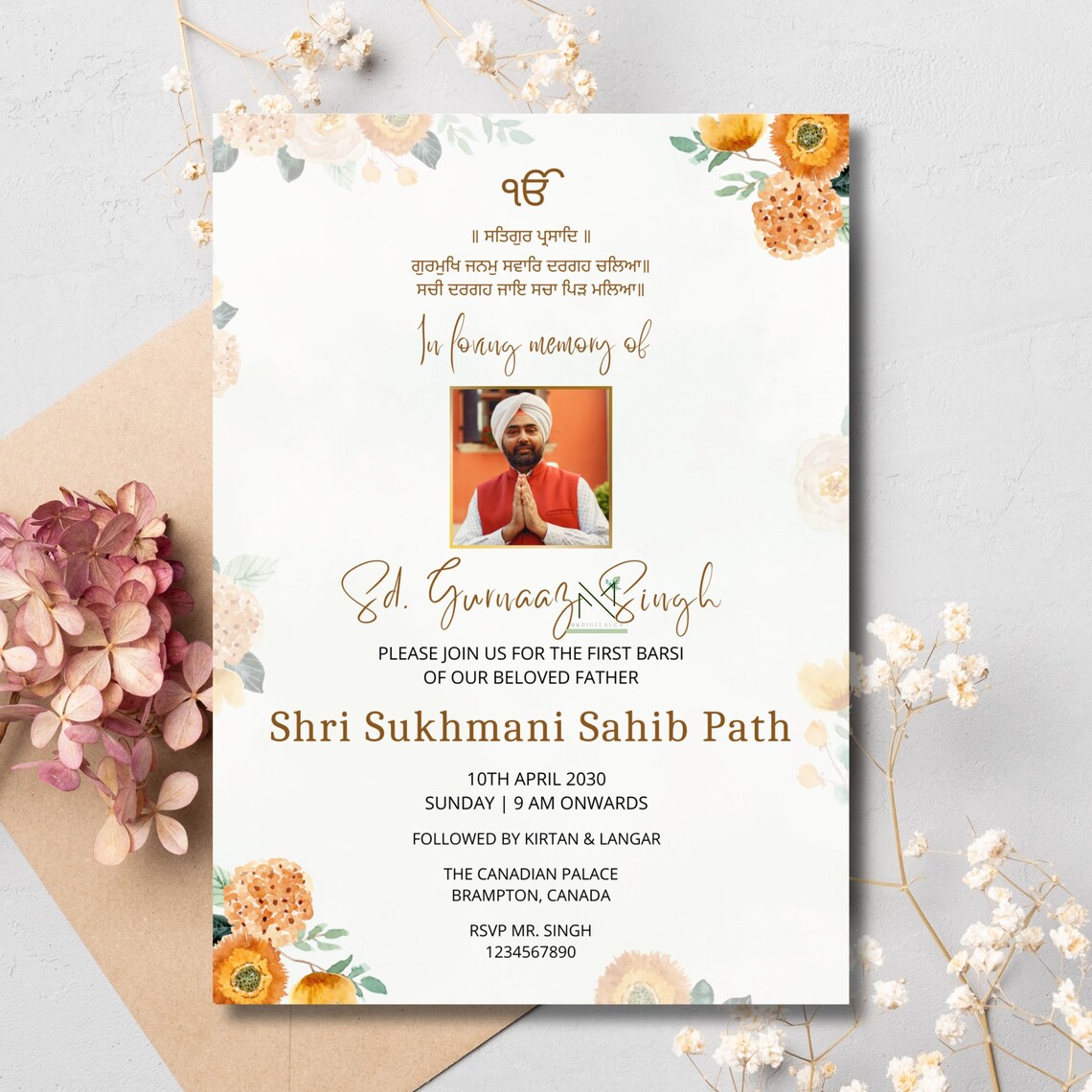 Orange Floral Sikh Funeral Announcement Template Punjabi Funeral ...