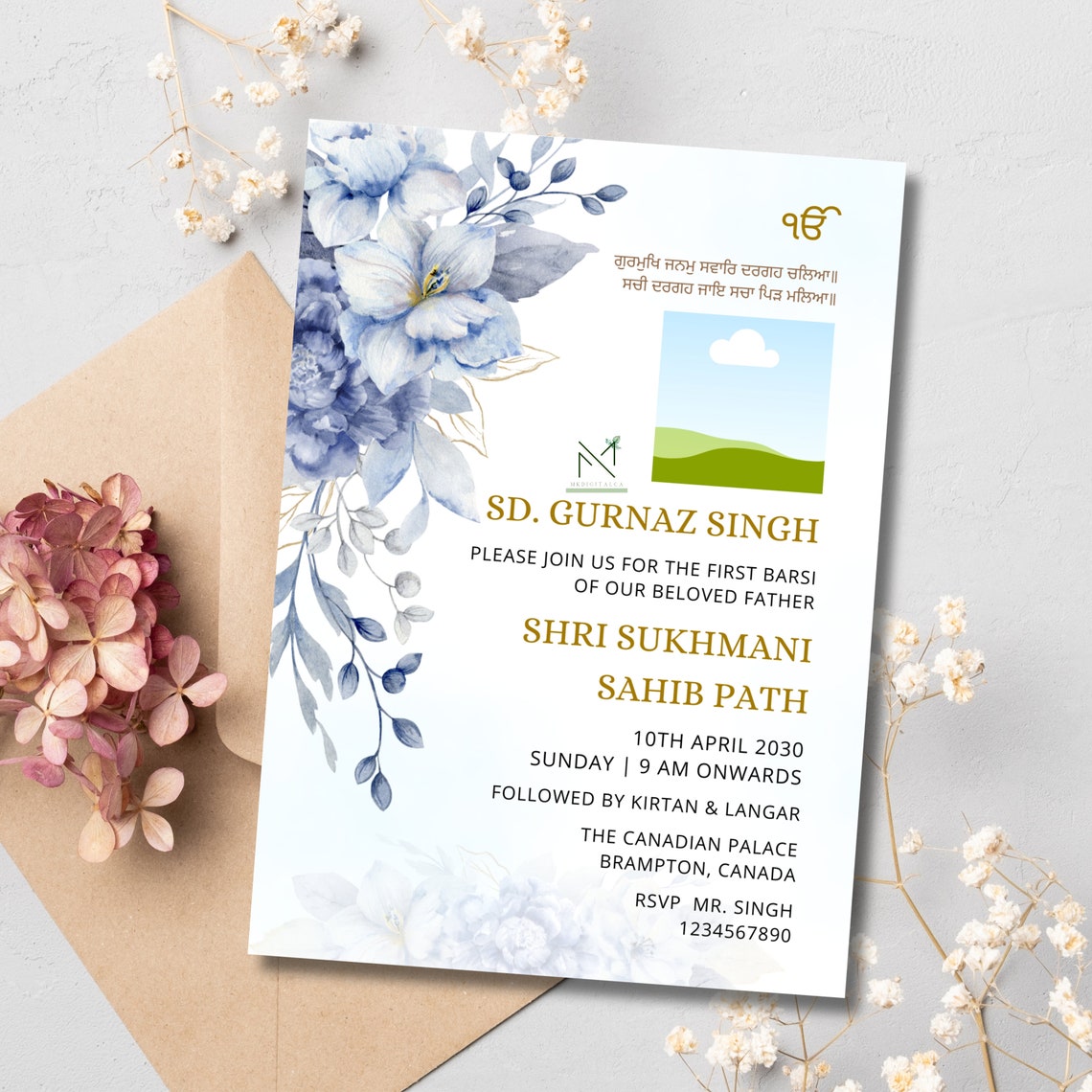 Blue Floral Sikh Funeral Announcement Template Sikh First Barsi ...