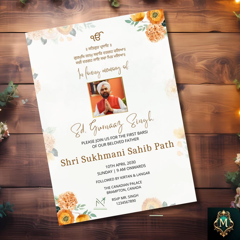 Orange Floral Sikh Funeral Announcement Template Punjabi Funeral ...