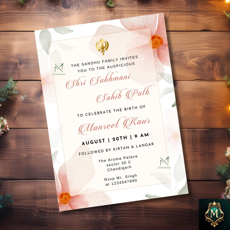 Blush Pink Floral Sukhmani Sahib Path Invitation Template Path Birthday ...