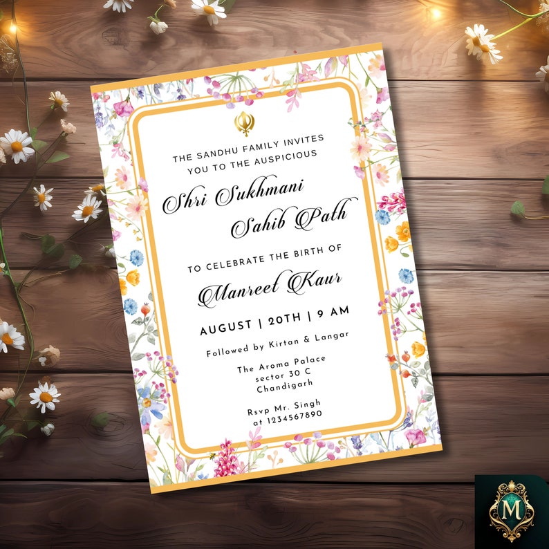 Elegant Floral Shri Sukhmani Sahib Path Invitation First Birthday ...