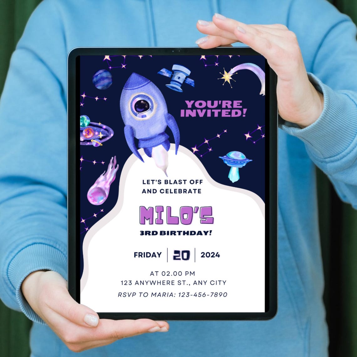 Space Rocket Birthday Invitation - Editable Digital Template for Canva ...