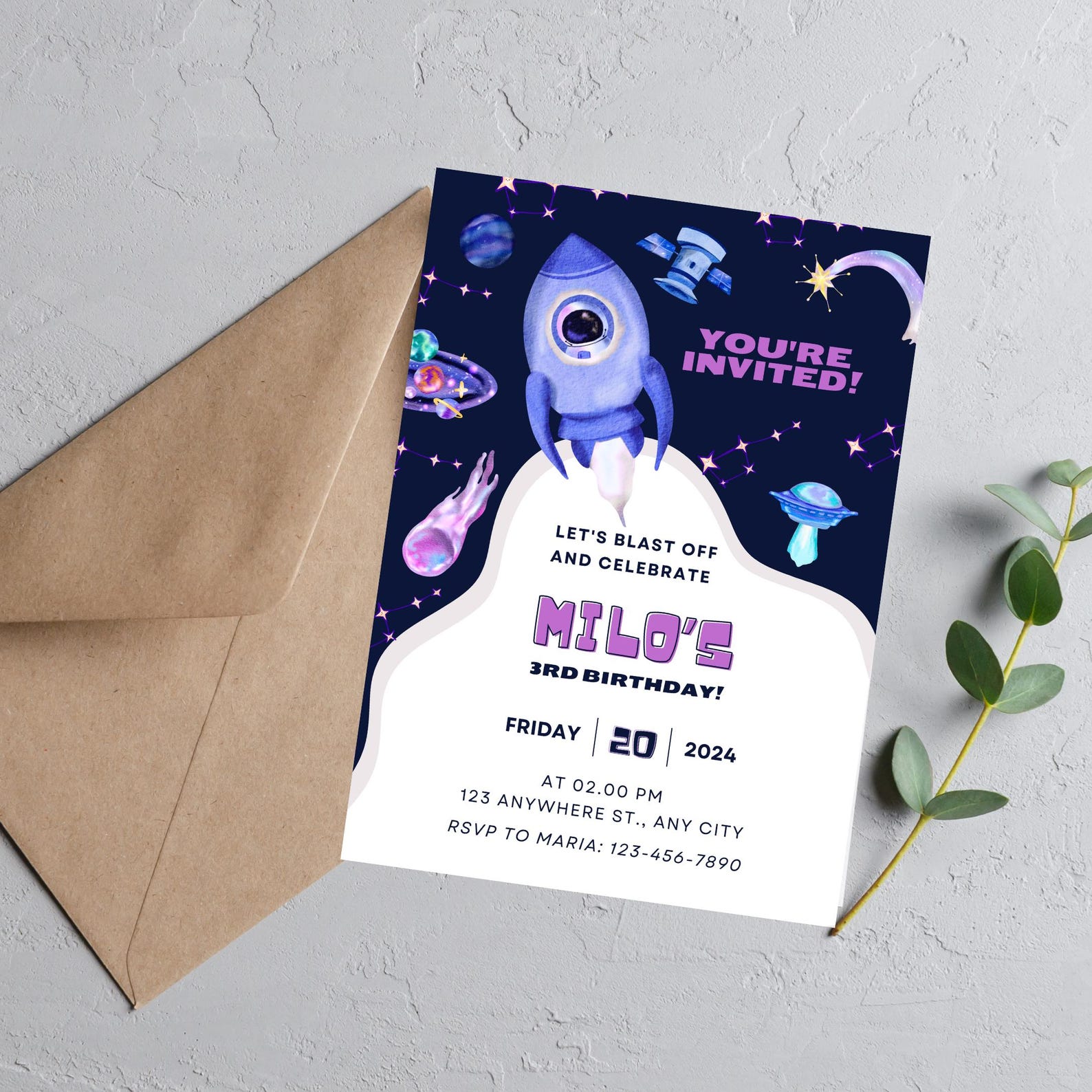 Space Rocket Birthday Invitation - Editable Digital Template for Canva ...