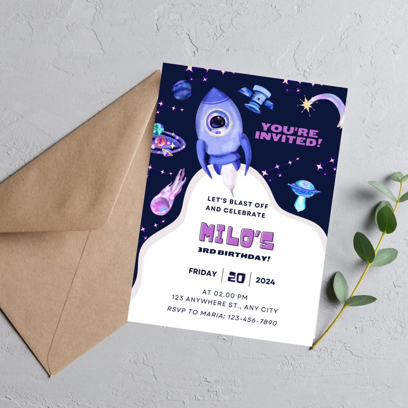 Space Rocket Birthday Invitation - Editable Digital Template for Canva ...