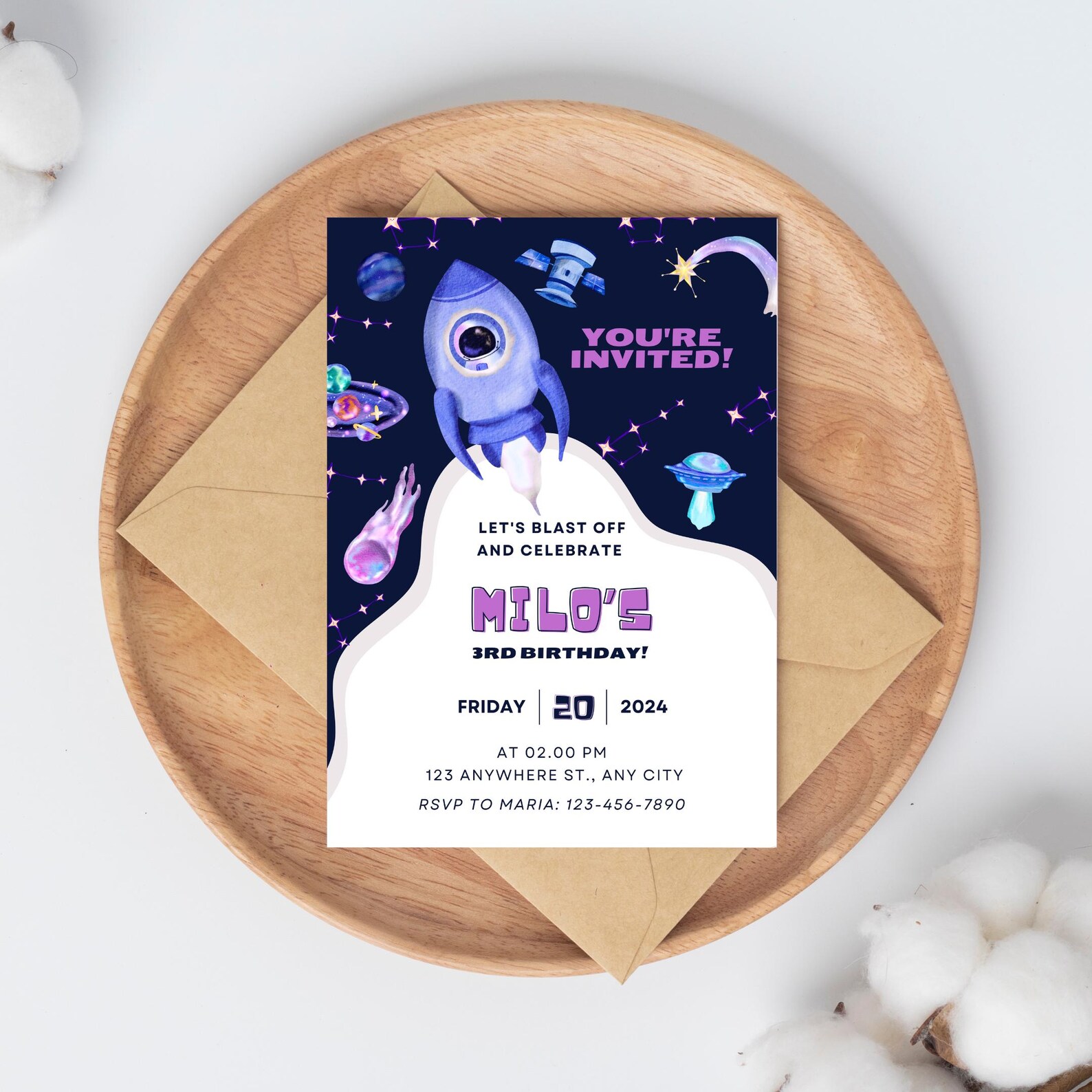 Space Rocket Birthday Invitation - Editable Digital Template for Canva ...