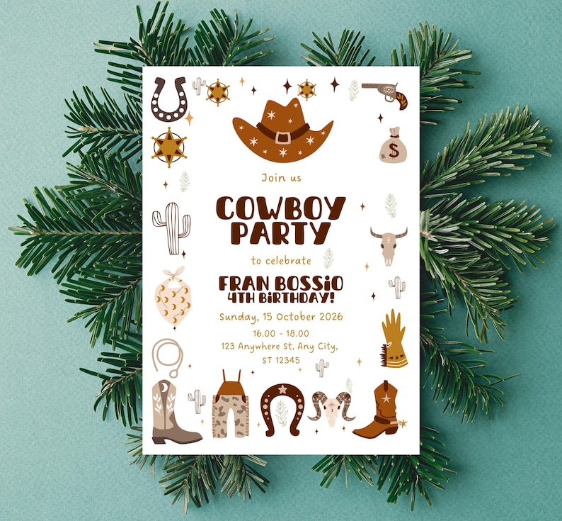 Editable Cowboy Birthday Invitation, Western Themed Kids Party, Rustic ...