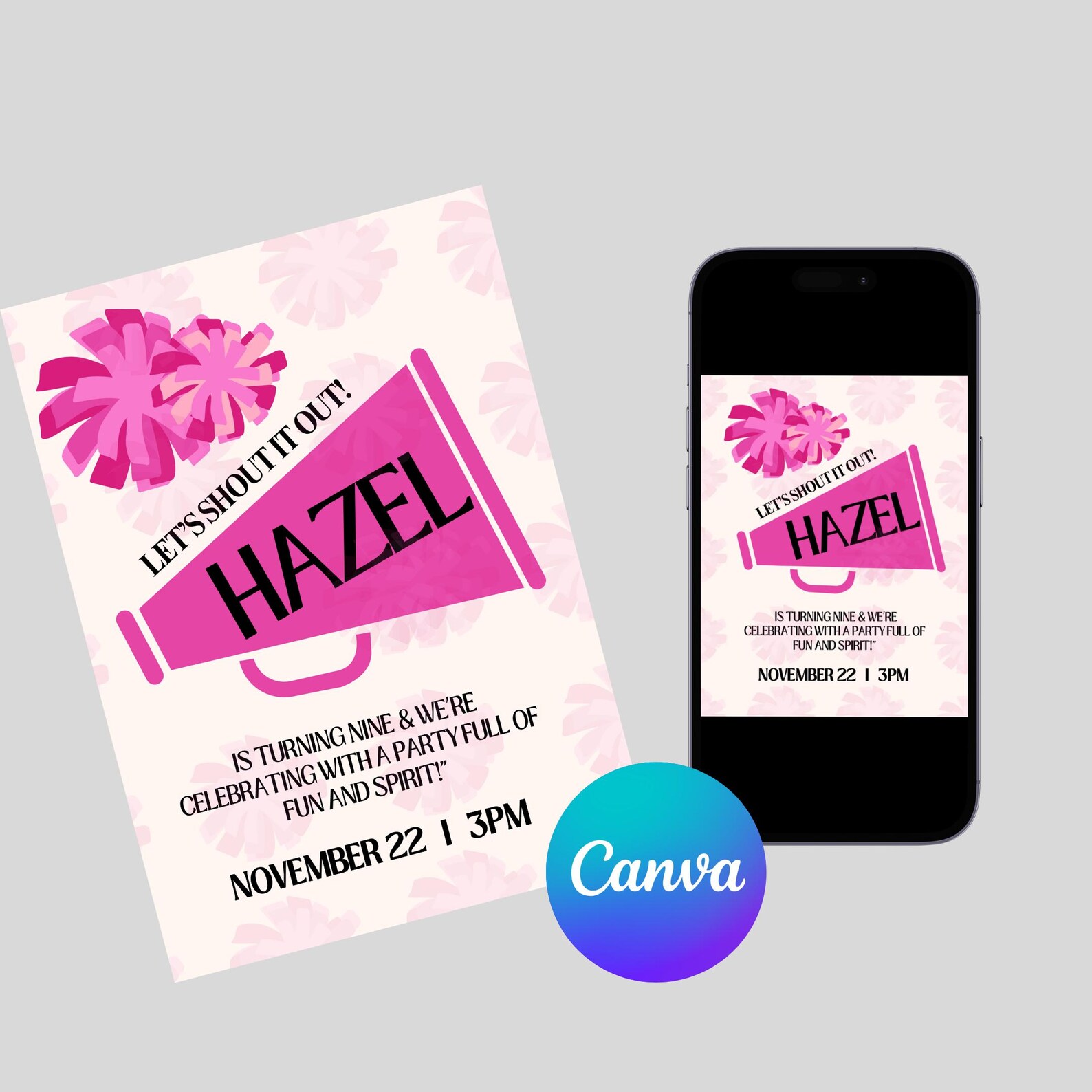 Super Megaphone Cheerleading Birthday Invitation - Editable Digital ...