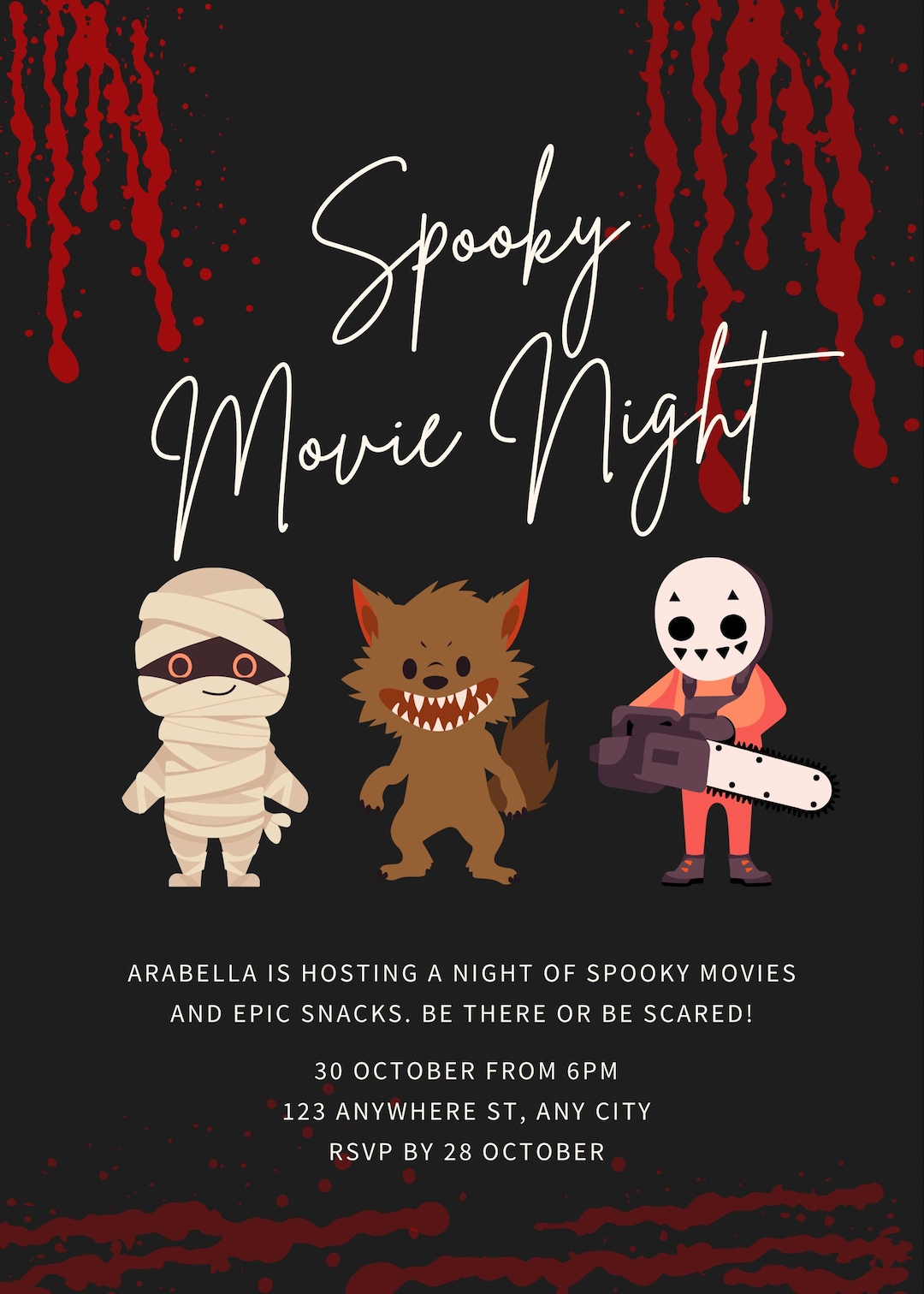 Editable Spooky Movie Night Invitation – Halloween Party Canva Template ...