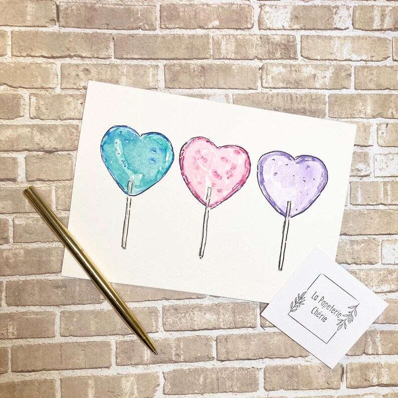Hearts Lollipops Greeting Card, Hand Painted Valentine Watercolors ...