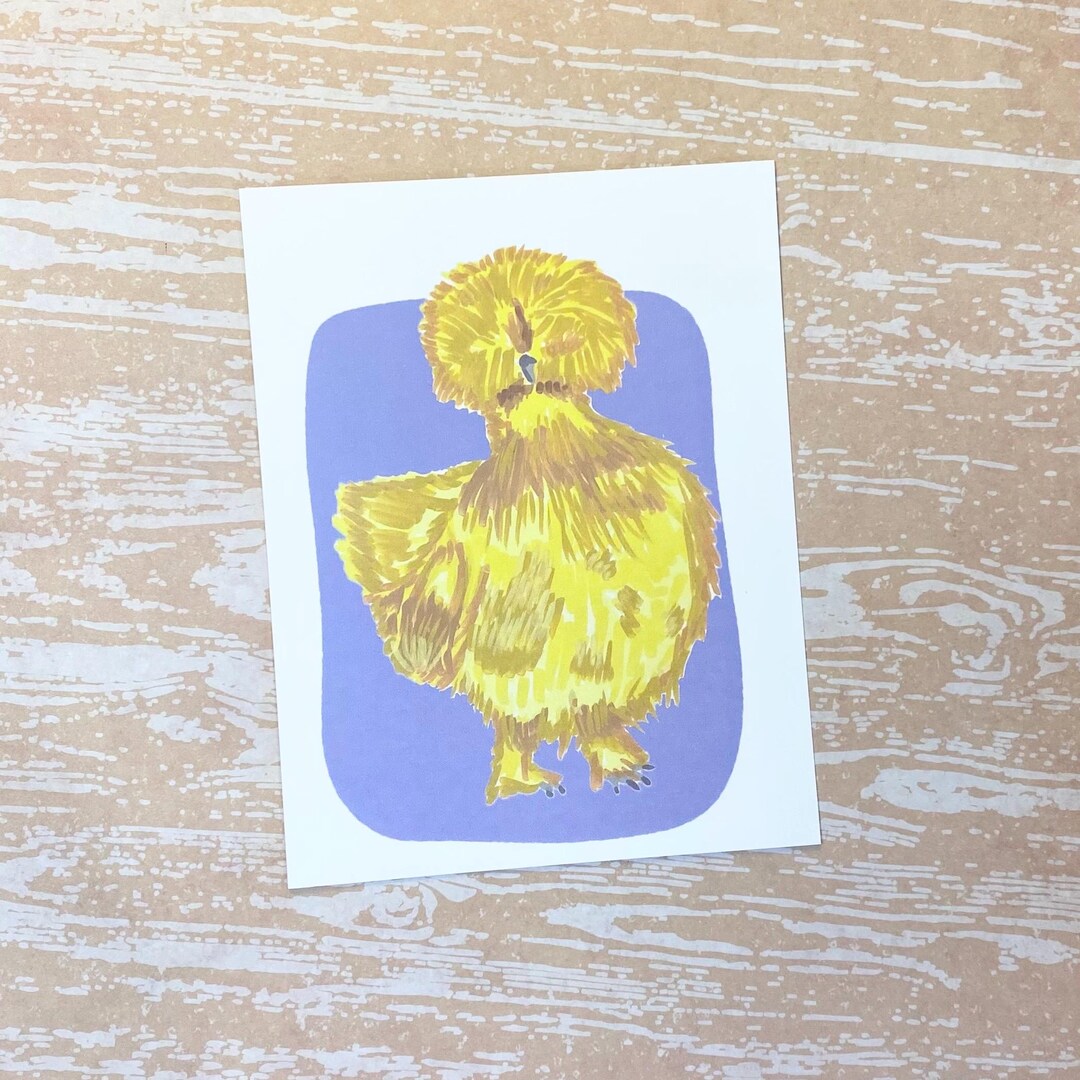 Silkie Chicken Postcard 4x6, Cute Yellow Chicken Illustration, Farm ...