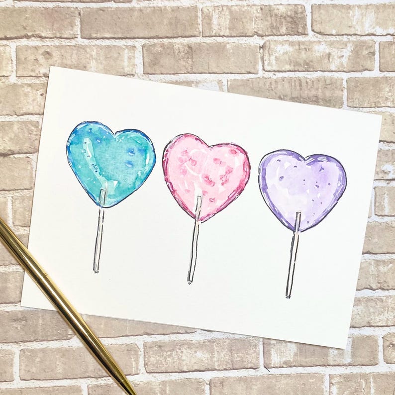 Hearts Lollipops Greeting Card, Hand Painted Valentine Watercolors ...