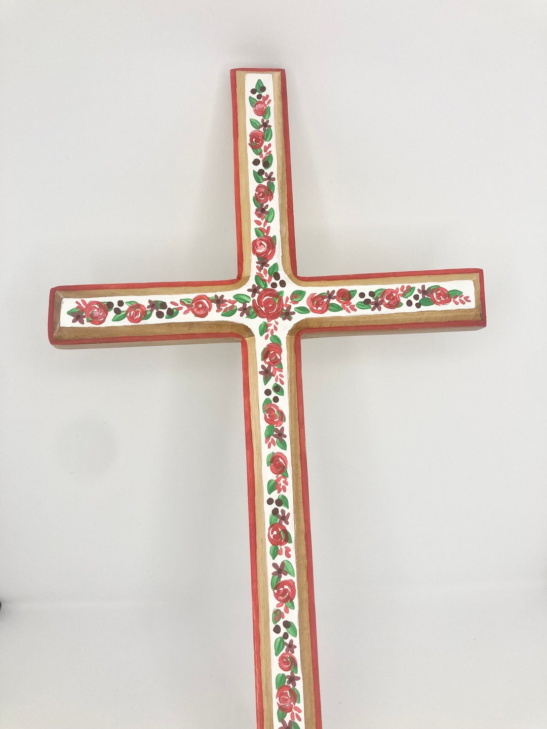 Large Hand Painted Cross Wooden Folk Art Roses Design - Etsy