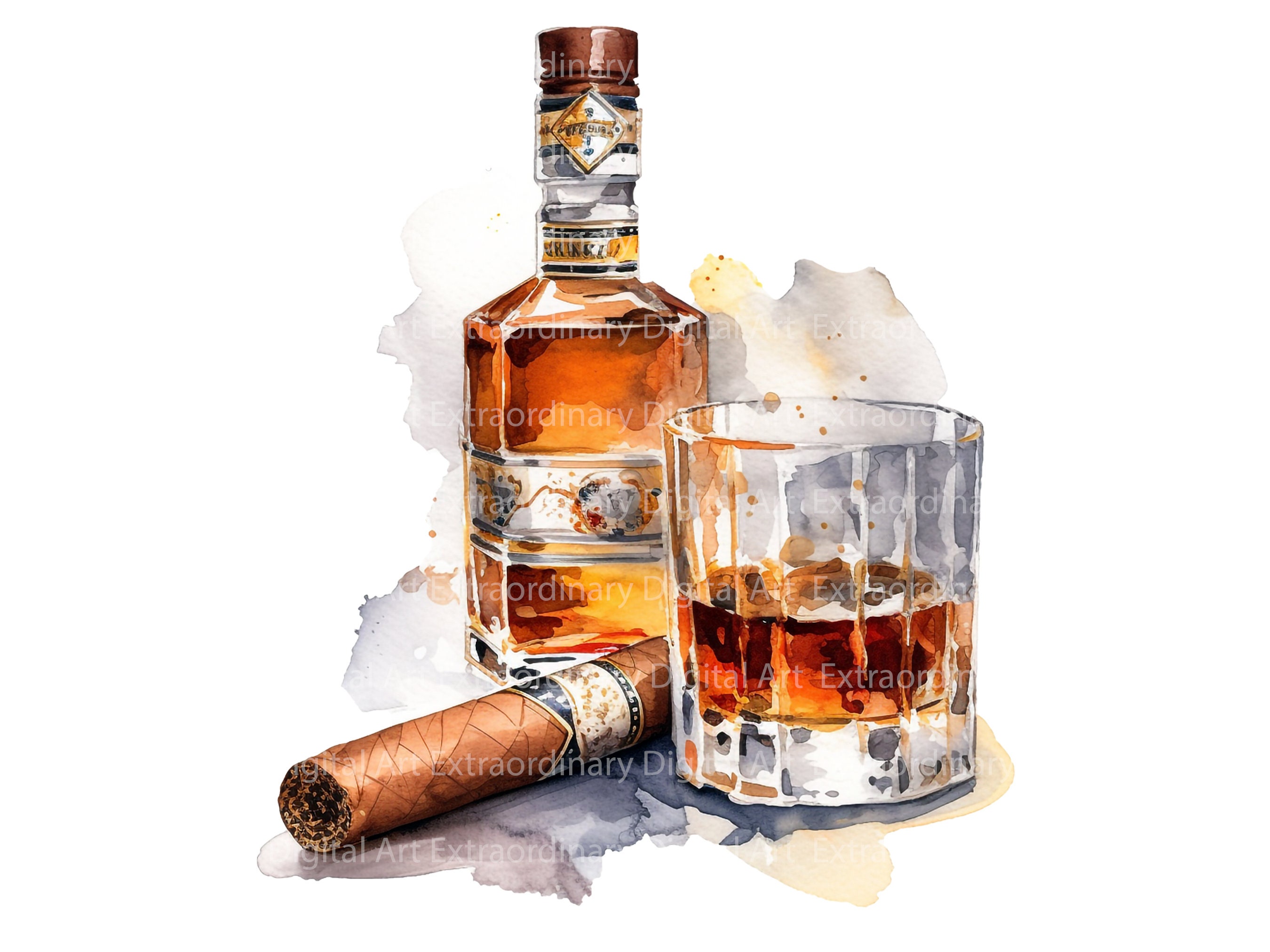 Cigar and Bourbon Watercolor Clipart, PNG Files Cigar Lounge Art ...