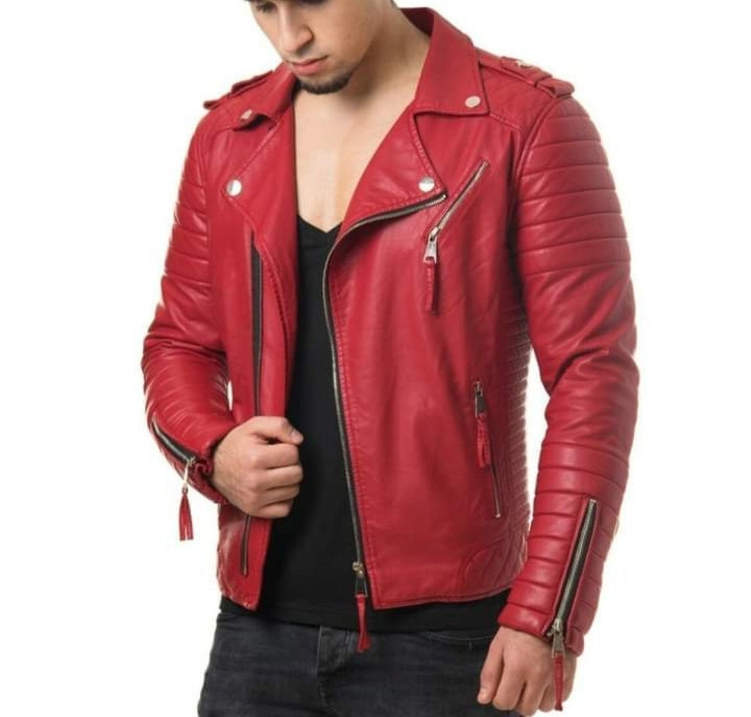 Men's Motorcycle Red Leather Jacket Red Moto Jacket Men's Red Biker ...