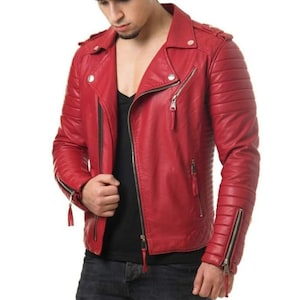 Men's Motorcycle Red Leather Jacket Red Moto Jacket Men's Red Biker ...