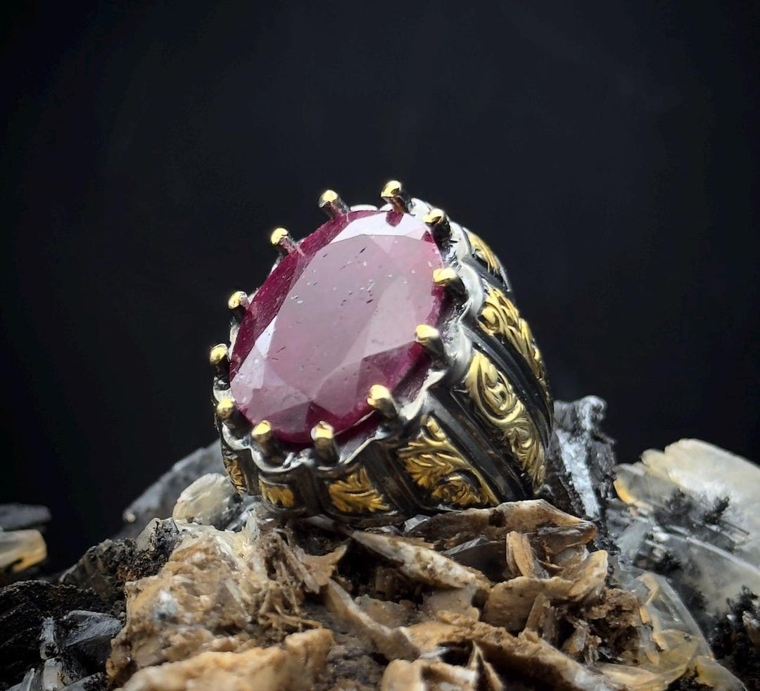 Men's Ruby Signet Ring 24K Gold Plated Sterling Silver, Hand-engraved ...