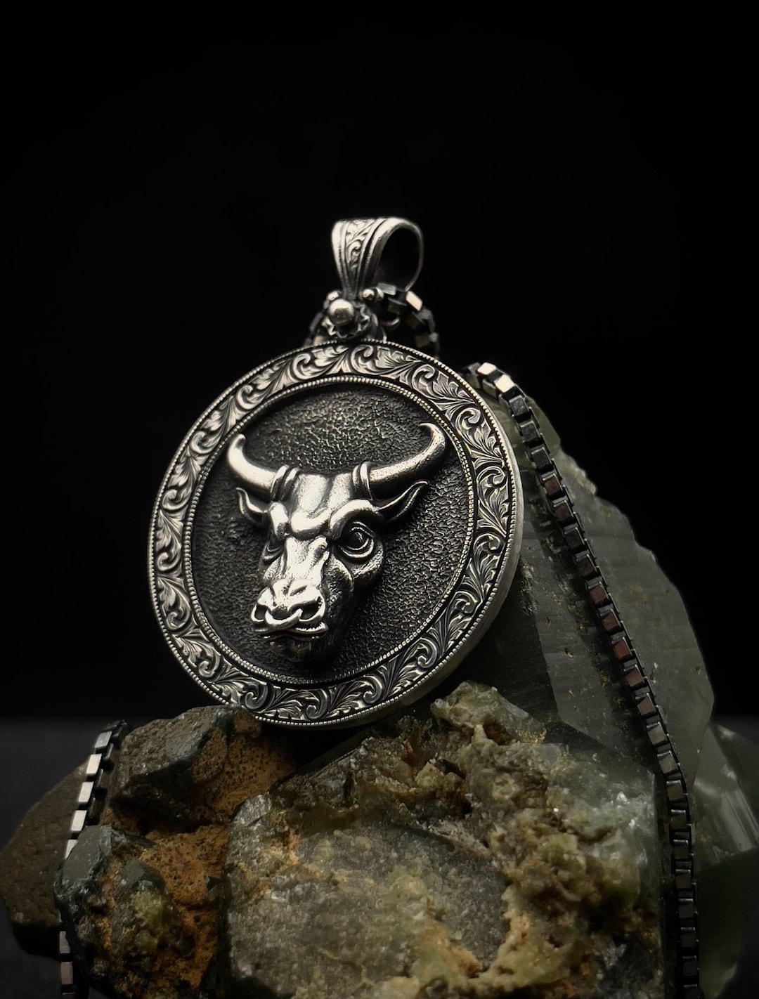 Sterling Silver Bull Head Necklace: Hand Engraved Unisex Pendant - Etsy
