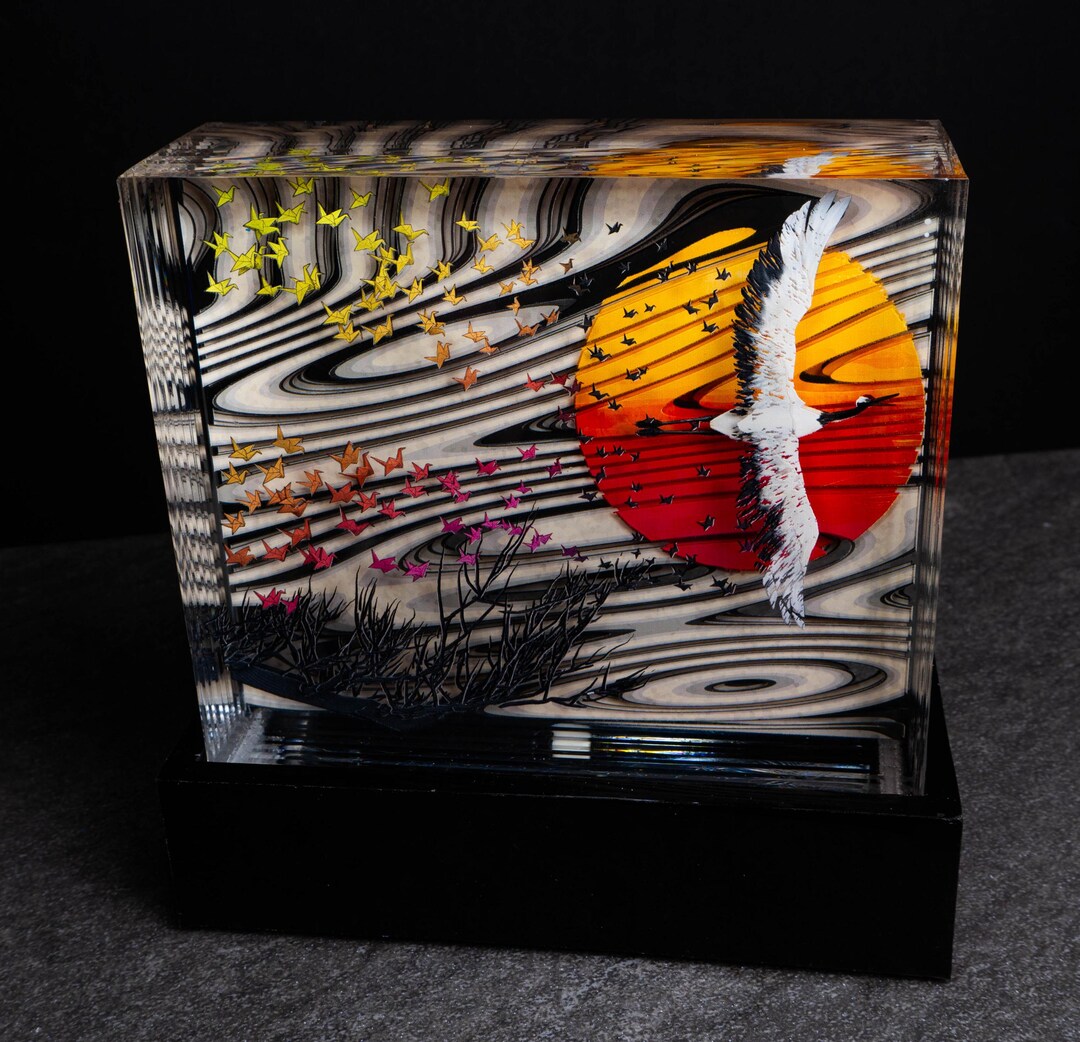 Resin Crane Sculpture With Origami Birds | Crane at Sunset LED Art ...