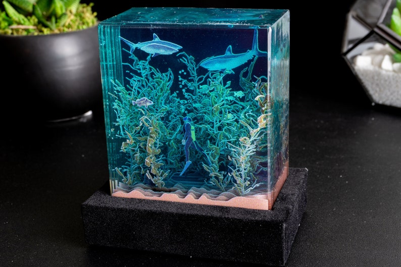 Diver Hiding From Sharks in Kelp Forest Resin Light Small - Etsy