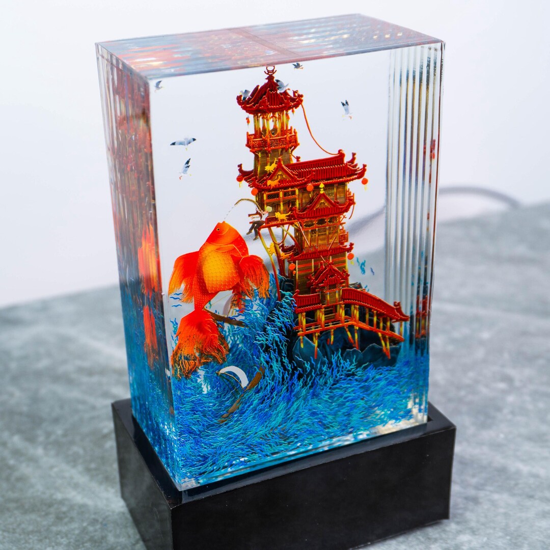 Big Fish Catch Resin Art, Fantasy Lighthouse Island Light Sculpture - Etsy