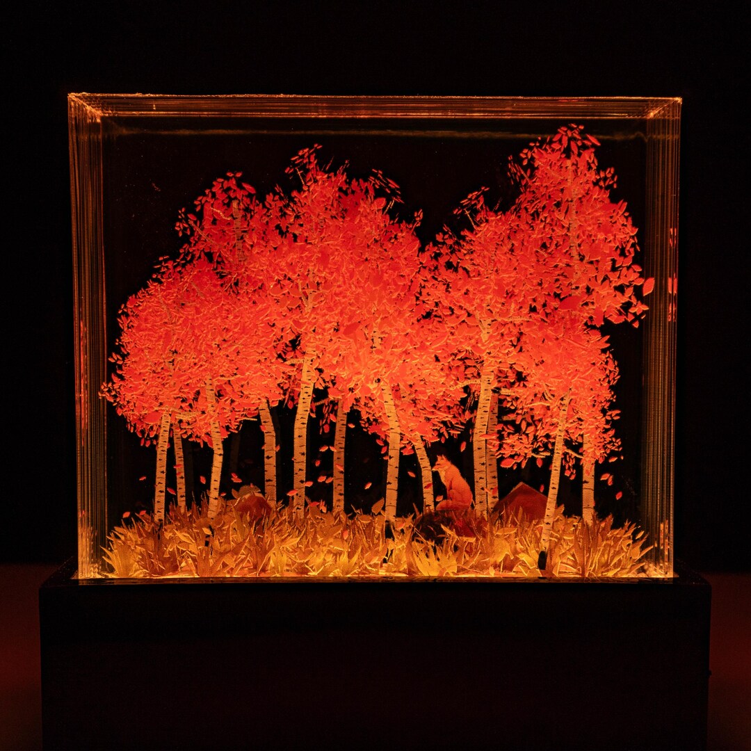Autumn Birch Forest Resin Lamp, Orange Fox Fall Decor for Bookshelf - Etsy