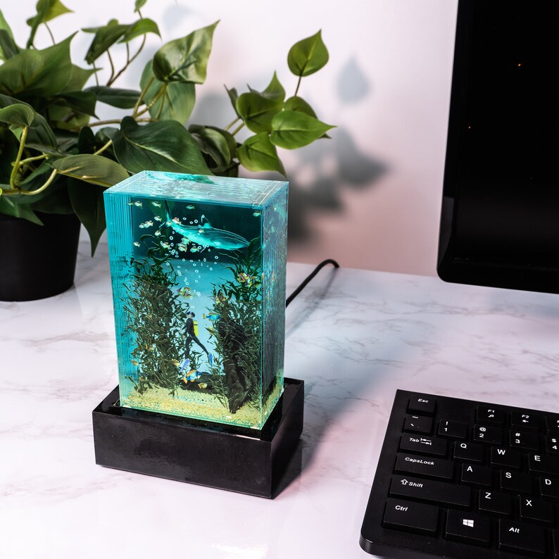 Diver and Shark Epoxy Sculpture Kelp Resin Lamp Fun Gift for Scuba ...