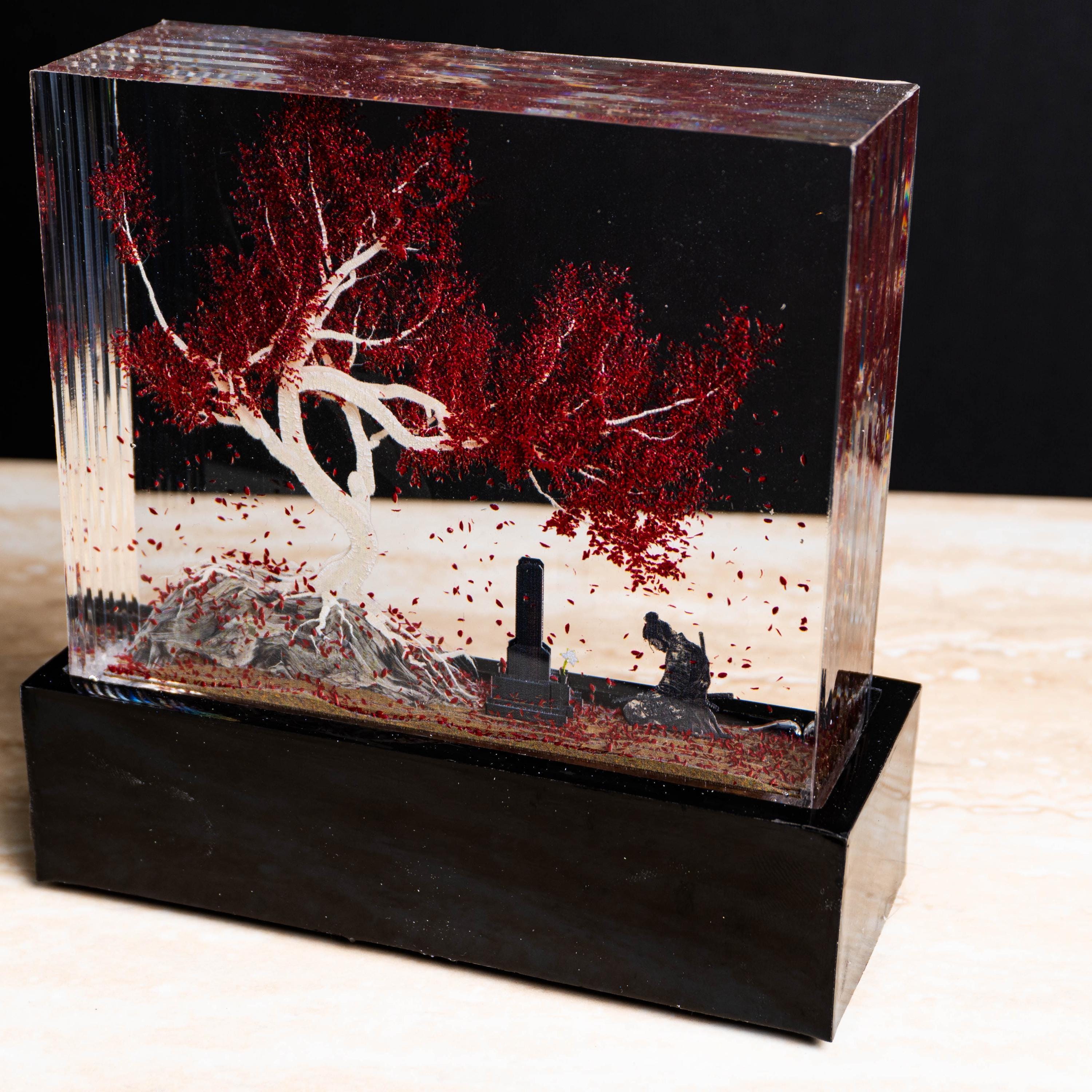 Samurai Grave Resin Art Sculpture With Red Tree & Mourning Figure ...