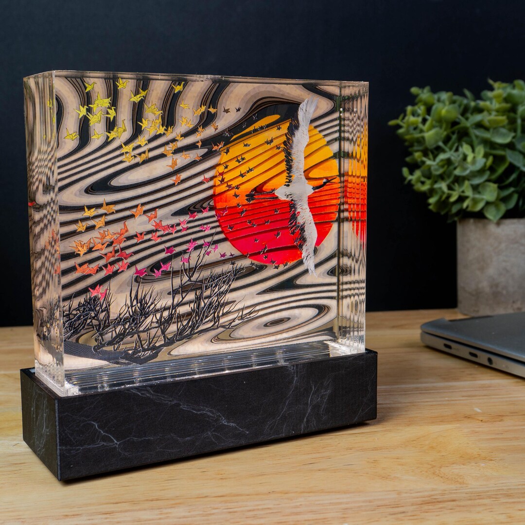 Zen Crane Sculpture With Origami Birds | Sunset Resin Lamp Gift - Etsy