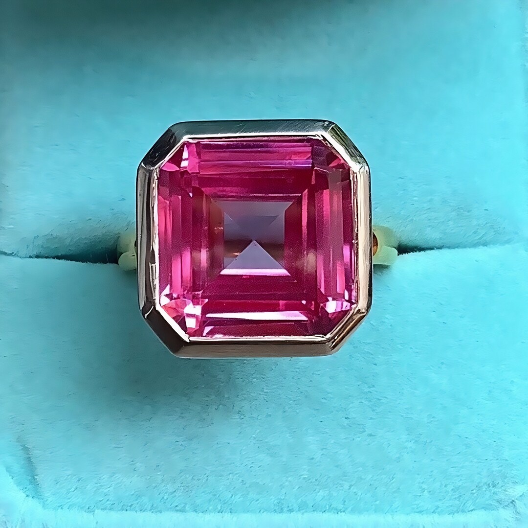 5.00 CT Pink Square Emerald Cut Moissanite Engagement Ring/ 14K Solid ...