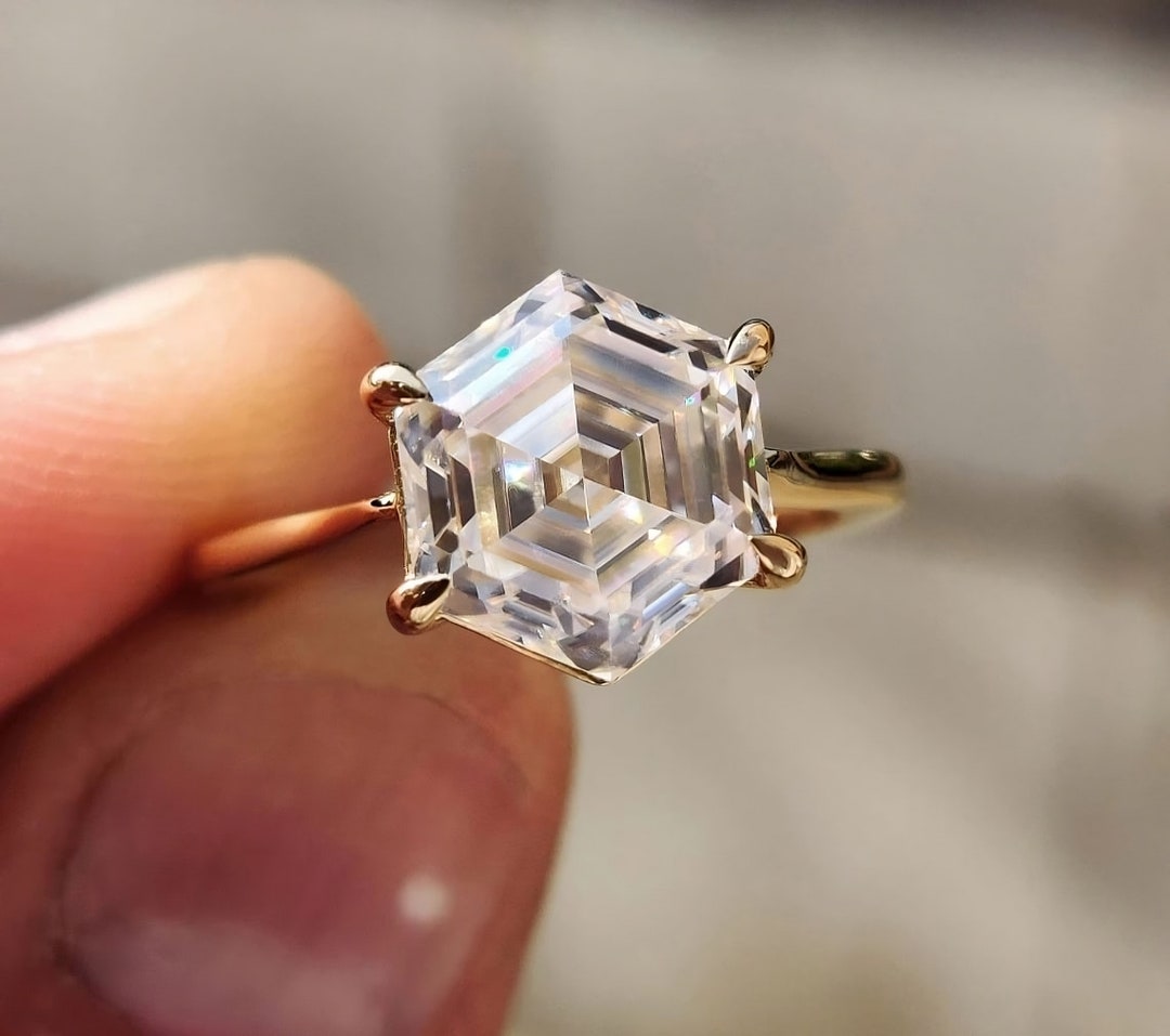 3.00 CT Hexagon Step Cut Moissanite Ring/ 14K Solid Gold Antique ...