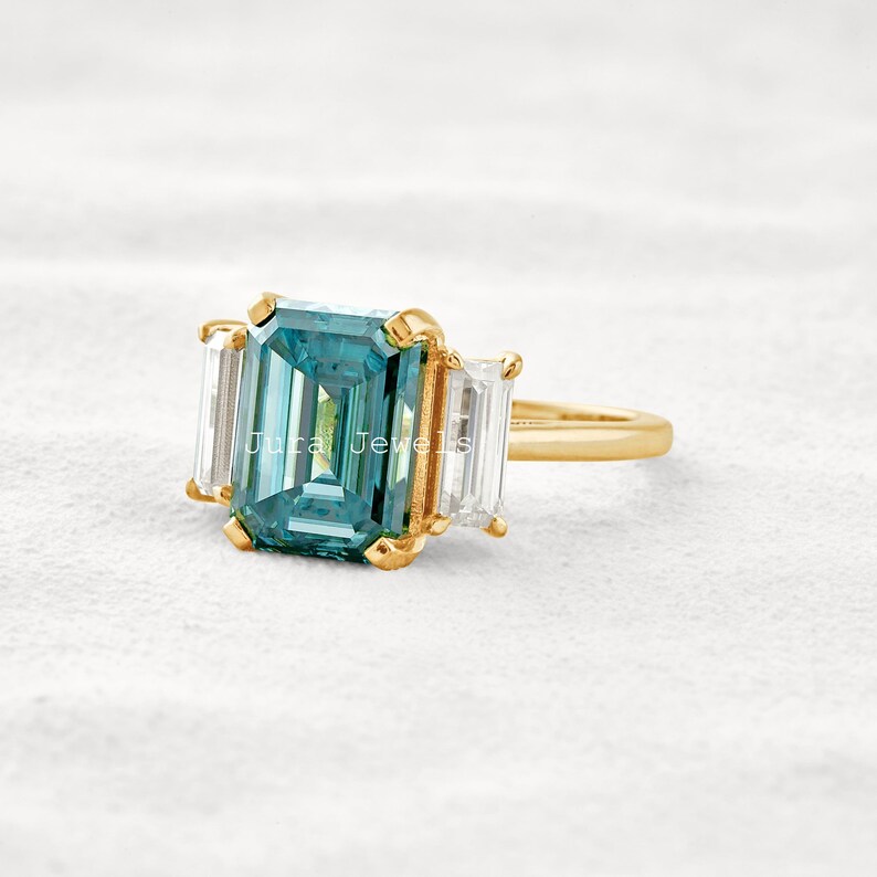 5.00 CT Green Emerald Step Cut Moissanite Engagement Ring/ 14K Solid ...