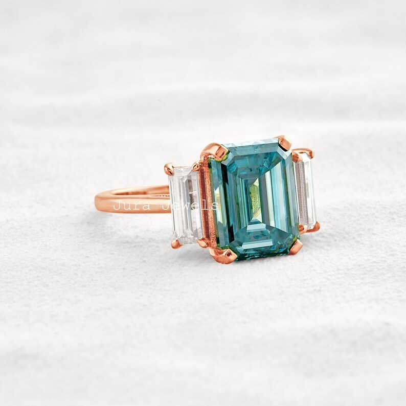 5.00 CT Green Emerald Step Cut Moissanite Engagement Ring/ 14K Solid ...