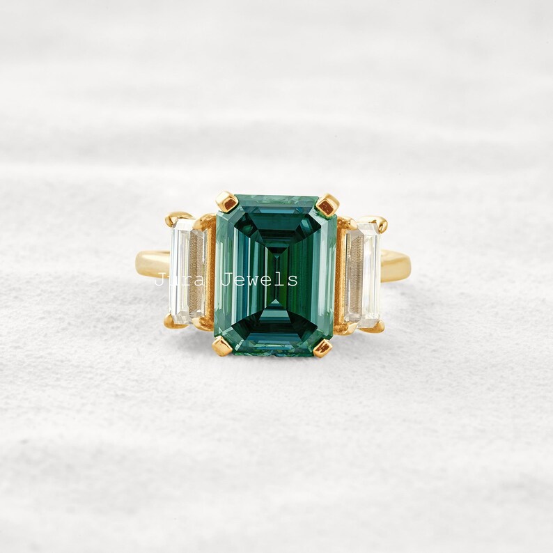 5.00 CT Green Emerald Step Cut Moissanite Engagement Ring/ 14K Solid ...