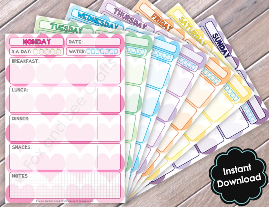 Printable Daily Food Diet Sheets Heart Design Food Diary A5 Size Food ...