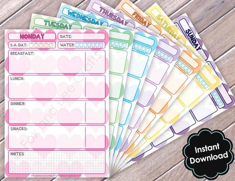 Printable Daily Food Diet Sheets Heart Design Food Diary A5 Size Food ...