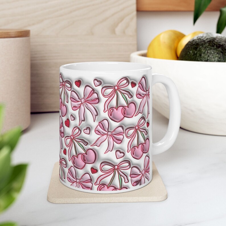 Cherry Bows Mug, Pink Coquette Ribbons Mug, Gift for Girls Aesthetic ...