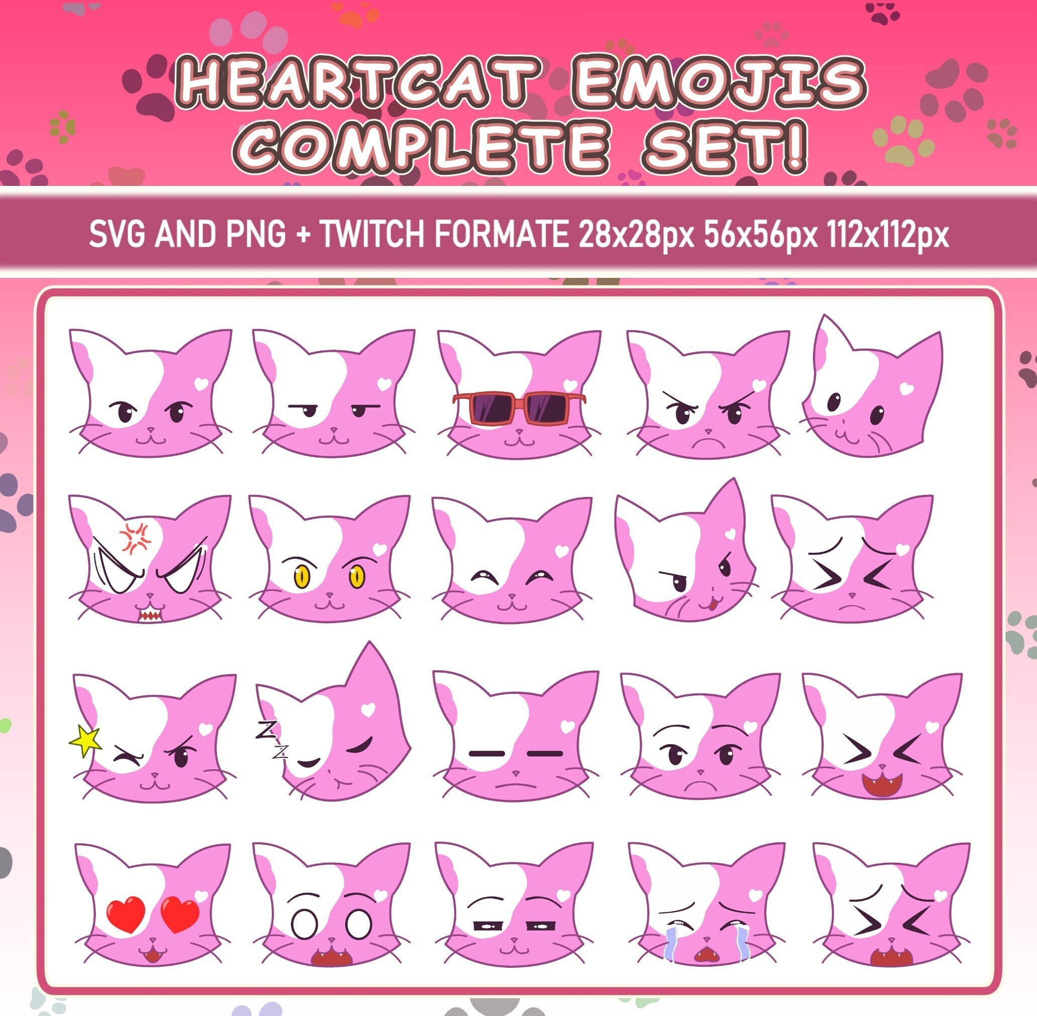 Cat- Emoticon, Heartcat Emotes Complete Set Twitch, SVG and PNG File ...